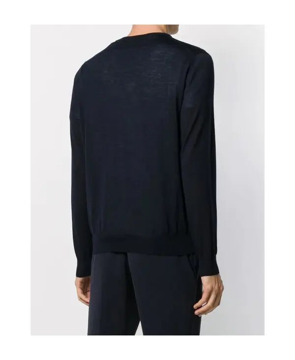 Canali Navy Blue Wool Fine Knit V-neck Jumper