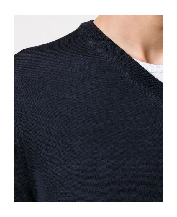 Canali Navy Blue Wool Fine Knit V-neck Jumper