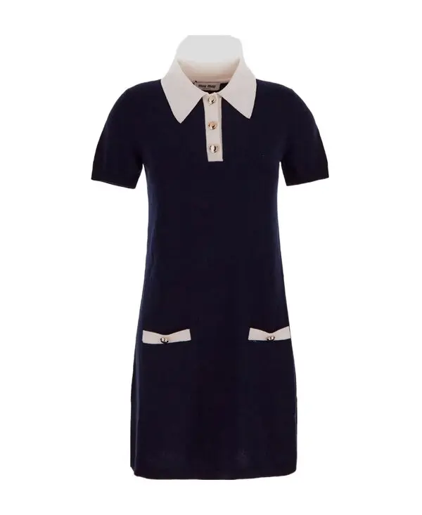 Miu Miu Knitted Short-sleeved Dress With Button Detail - Blue