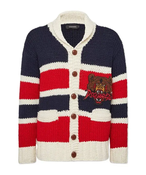 Dsquared2 Striped Knit Cardigan With Bear Appliqu