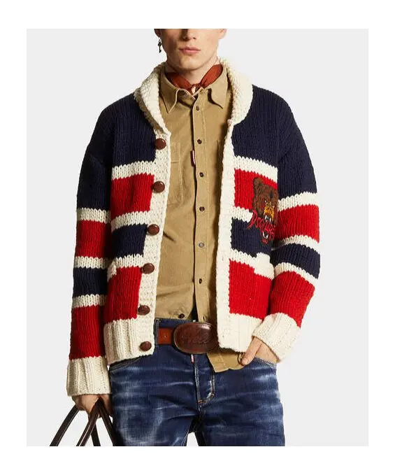Dsquared2 Striped Knit Cardigan With Bear Appliqu