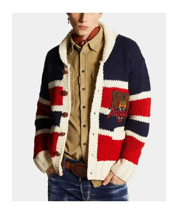 Dsquared2 Striped Knit Cardigan With Bear Appliqu
