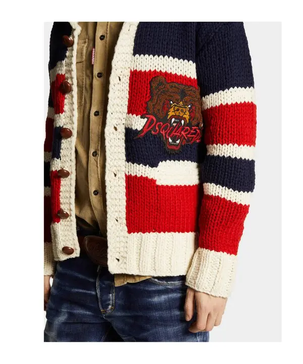 Dsquared2 Striped Knit Cardigan With Bear Appliqu