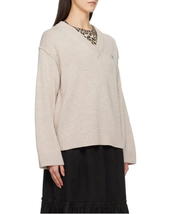 GANNI V-neck Logo Embroidered Jumper - Beige