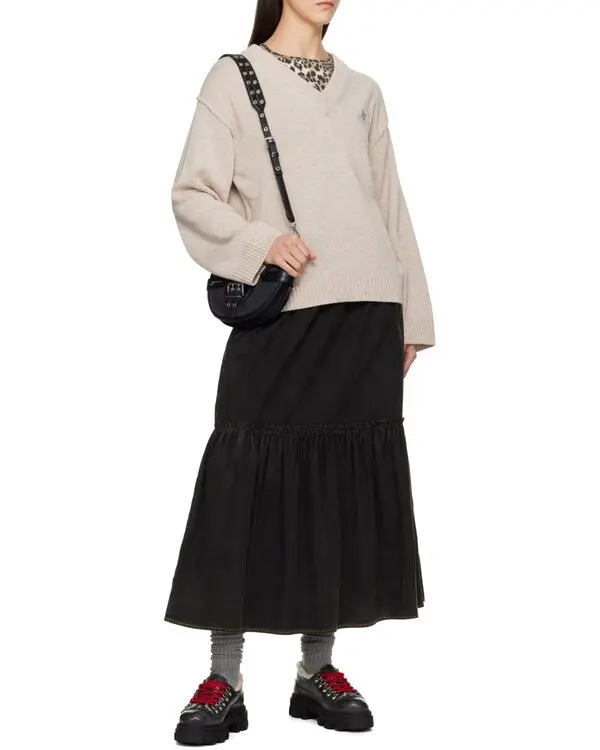 GANNI V-neck Logo Embroidered Jumper - Beige