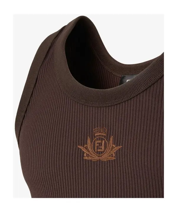 Fendi Ribbed Tank Top With Embroidered Logo - Brown
