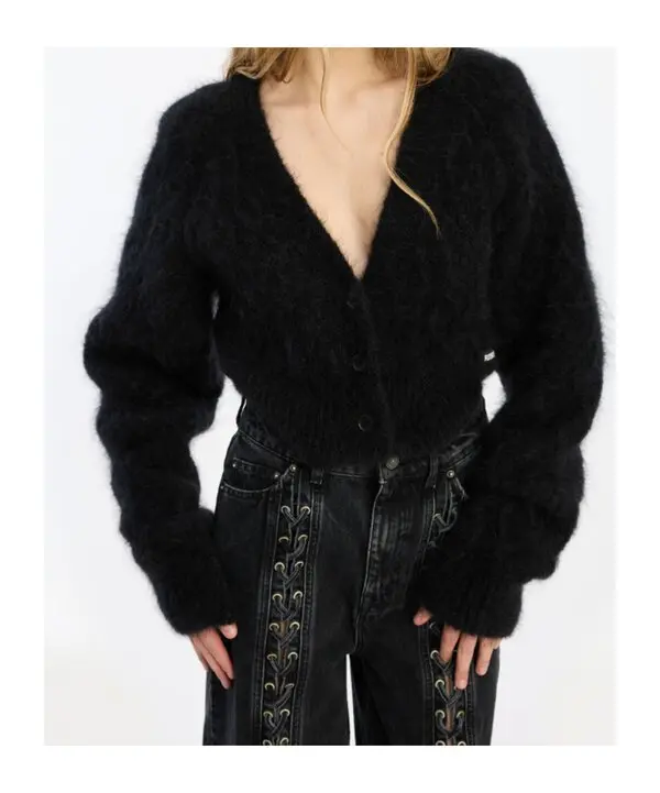 ROTATE BY BIRGER CHRISTENSEN Fluffy Knit V-neck Cardigan - Black