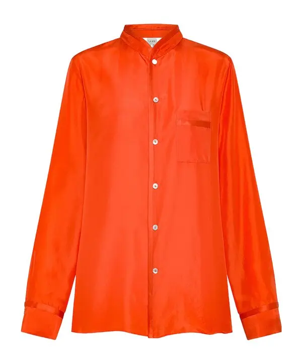 FORTE_FORTE Habotai Silk Mandarin Collar Button-up Shirt - Poppy Red