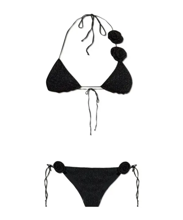 Oseree Metallic Bikini Set With 3d Rosettes - Black