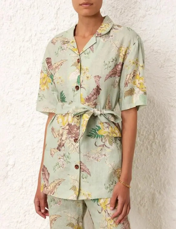 Zimmermann Short Sleeve Button Front Shirt With Self-tie Belt