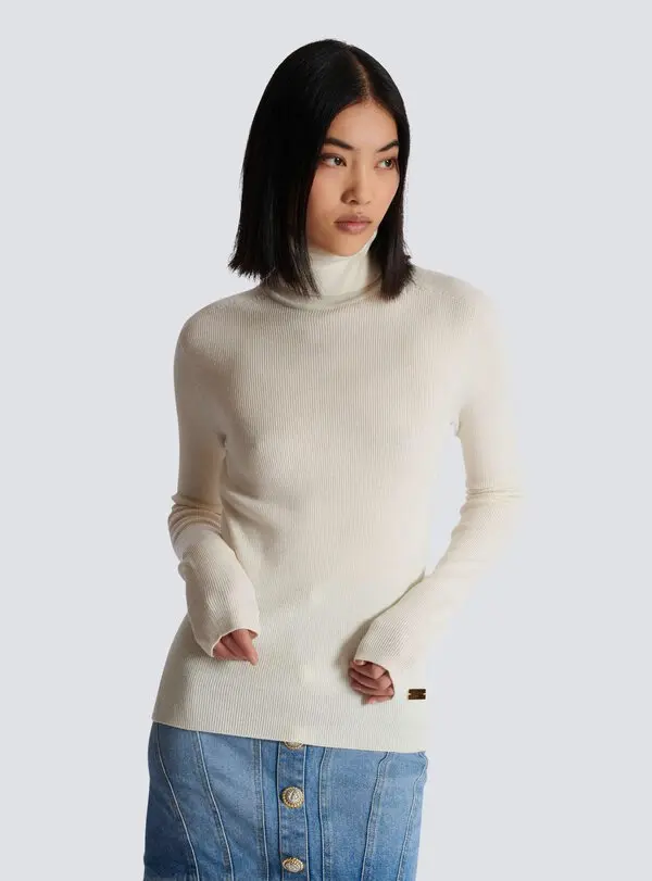Balmain Knitted Turtleneck Sweater With Logo Detail - Beige