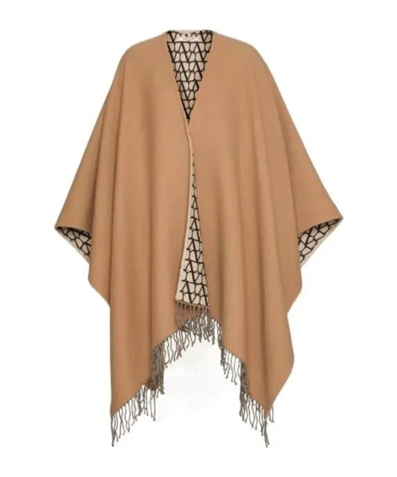 Valentino Garavani V-neck Fringed Edge Cape - Camel
