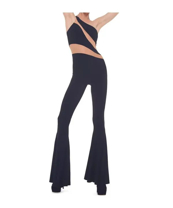 Norma Kamali One-shoulder Flared-leg Jumpsuit With Nude Mesh Panels - Black/nude