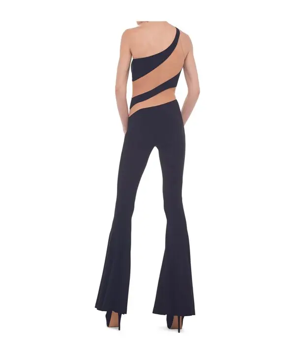 Norma Kamali One-shoulder Flared-leg Jumpsuit With Nude Mesh Panels - Black/nude