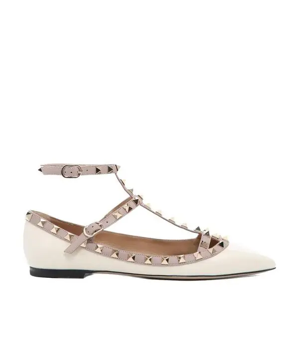 Valentino Garavani Rockstud Pointed Toe Ballerina Flats With Ankle Strap - White