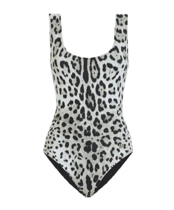 Dolce & Gabbana Leopard Print Scoop Neck Swimsuit - Gray