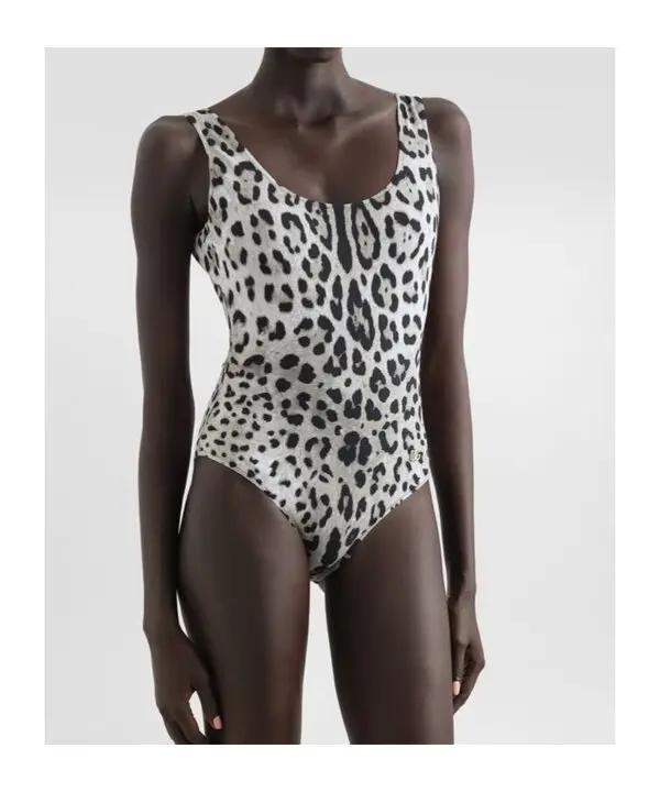 Dolce & Gabbana Leopard Print Scoop Neck Swimsuit - Gray