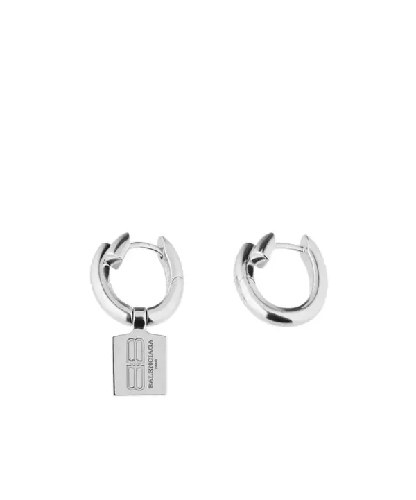Balenciaga Asymmetrical Hoop Earrings With Bb Icon Logo - Shiny Silver