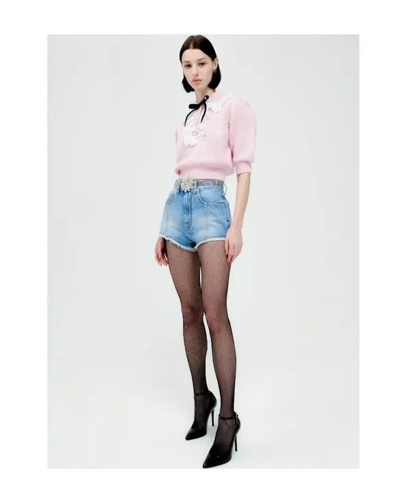 Alessandra Rich Embroidered Logo Denim Shorts