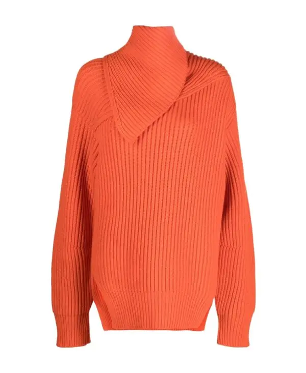 JIL SANDER Foldover Neck Ribbed-knit Jumper - Red