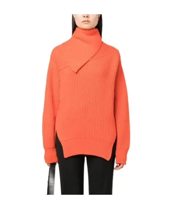JIL SANDER Foldover Neck Ribbed-knit Jumper - Red