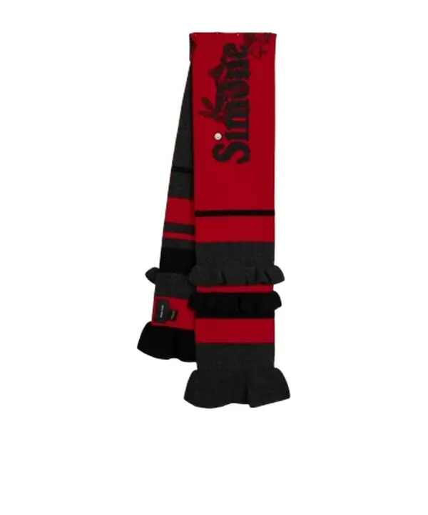 Simone Rocha Daisy Ruffled Striped Scarf - Charcoal Gray/red/black