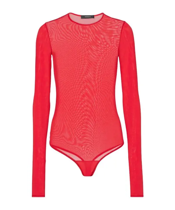 Wardrobe.NYC Sheer Crewneck Long Sleeve Bodysuit - Red