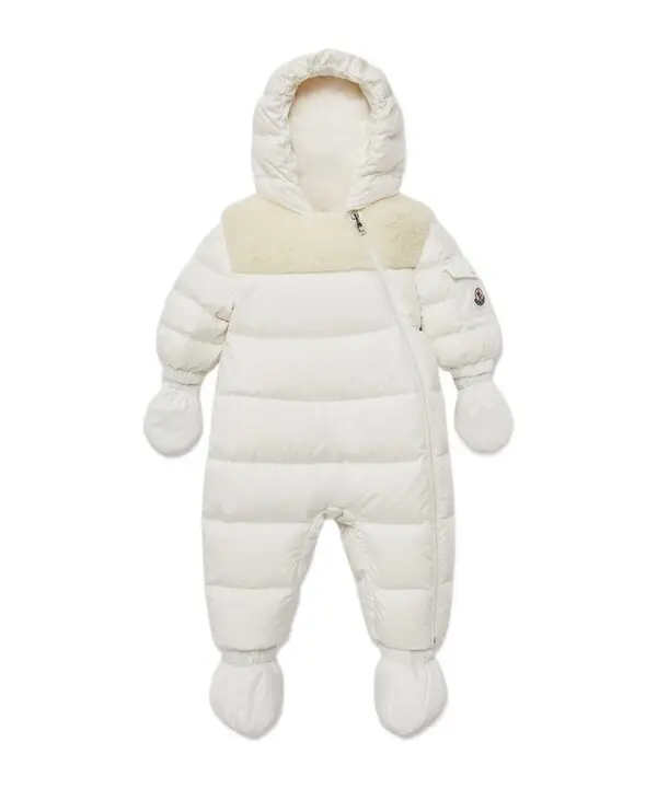 Moncler Padded Snowsuit With Hood And Logo Patch - Off White