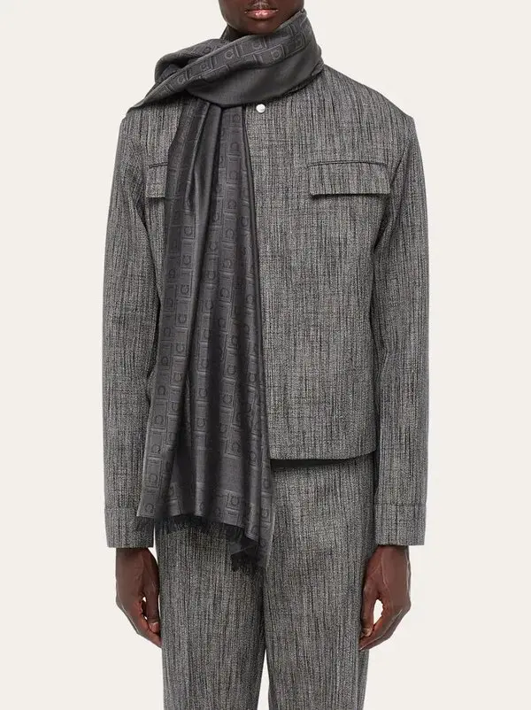FERRAGAMO Gancini Monogram Jacquard Wool Scarf - Black