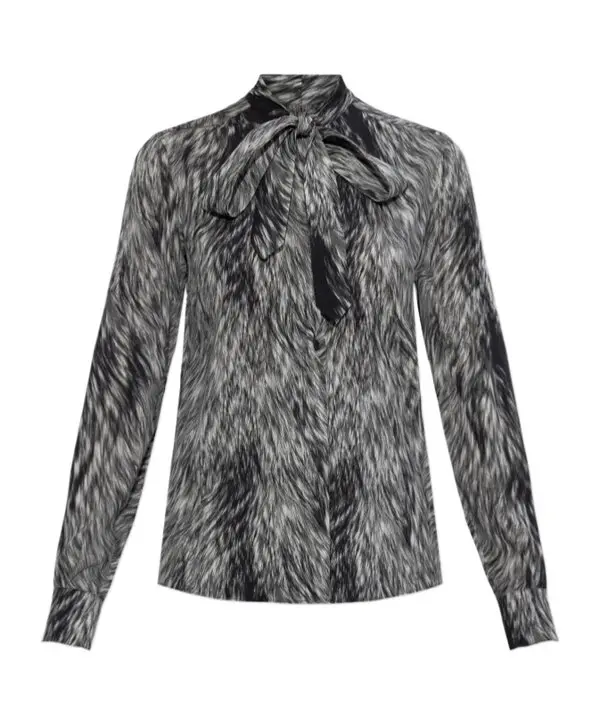 Dolce & Gabbana Fur Printed Pussy-bow Charmeuse Shirt - Gray