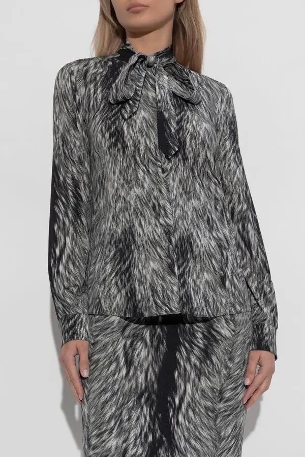 Dolce & Gabbana Fur Printed Pussy-bow Charmeuse Shirt - Gray