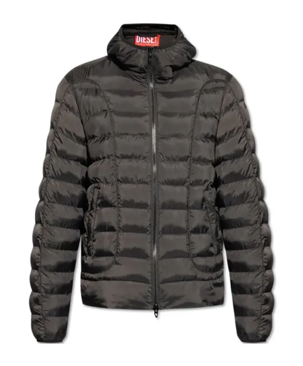 DIESEL® D Logo Patch Quilted Hooded Jacket - Black