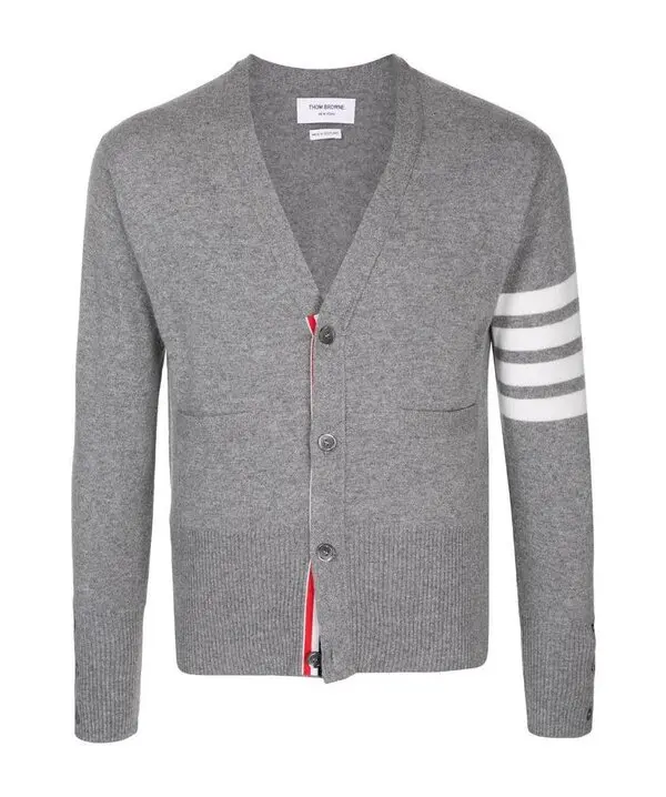 Thom Browne 4-bar Stripe V-neck Cardigan - Light Gray