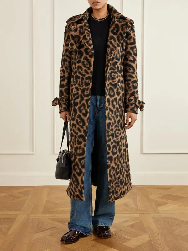Simkhai Rumi Belted Leopard Print Wool Blend Coat - Black