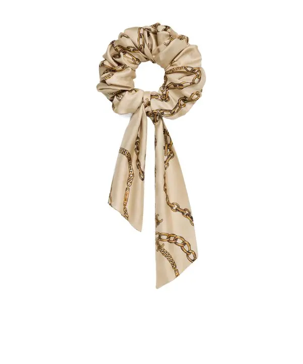Celine Paris Signature Chain Print Silk Scrunchie - Beige/gold