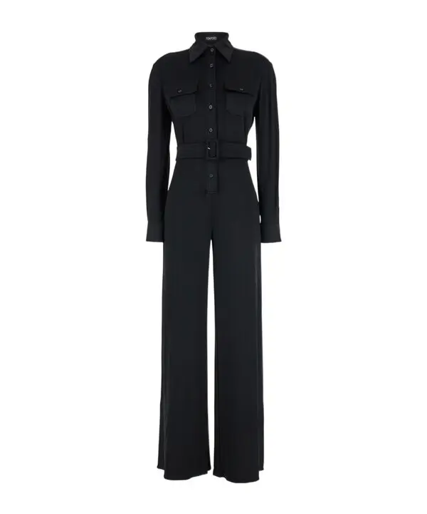 TOM FORD Long Sleeve Belted Jersey Jumpsuit - Black
