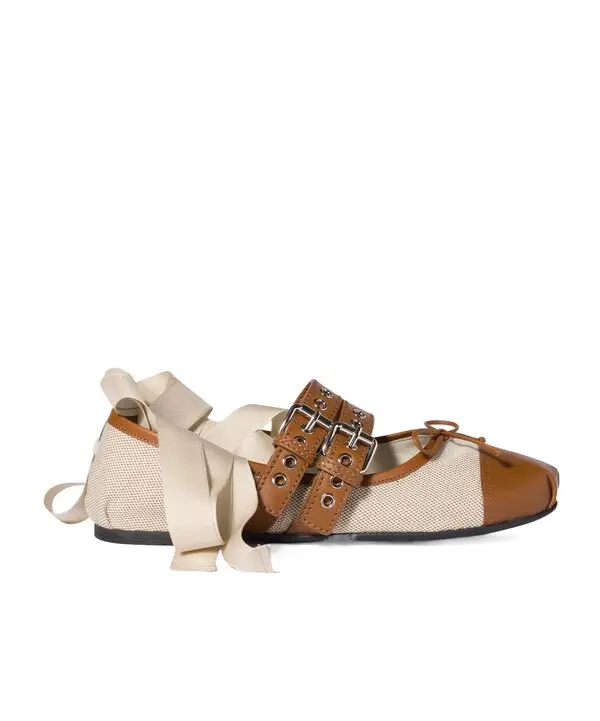 Miu Miu Lace-up Ballerina Flats With Buckle Straps And Ribbon Fastening - Beige/tobacco