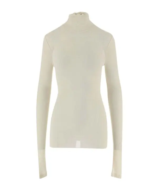 AMI Paris High Neck Ribbed Long Sleeve Top - Light Brown