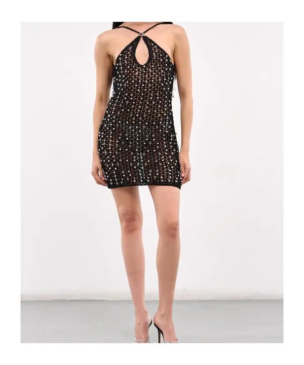 Coperni Beaded Crocheted Mini Dress - Black