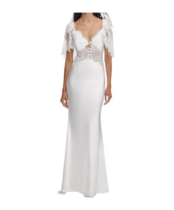 SELF-PORTRAIT Lace Trimmed Satin Maxi Dress