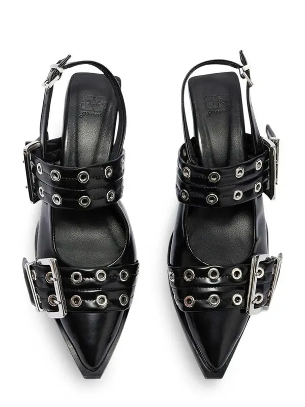 GANNI Buckled Pointed Toe Slingback Pumps - Black