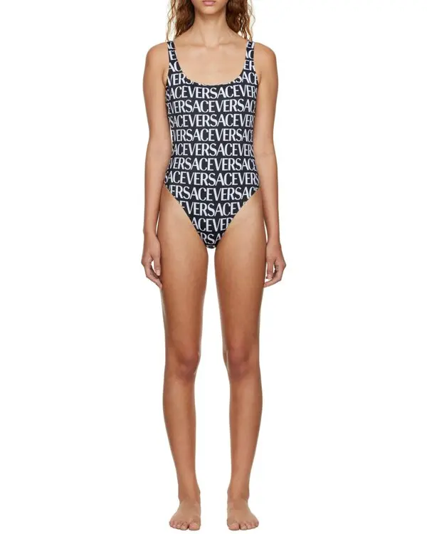 Versace Allover Logo Printed Low-back One-piece Swimsuit - Green