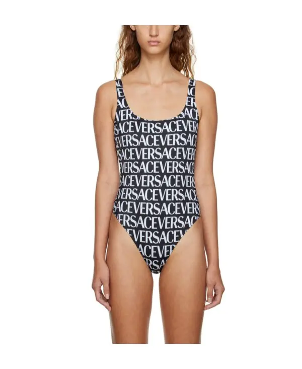 Versace Allover Logo Printed Low-back One-piece Swimsuit - Green