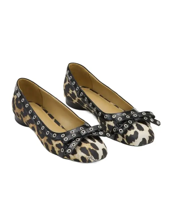 GANNI Eyelet Bow Ballerinas In Print - Leopard