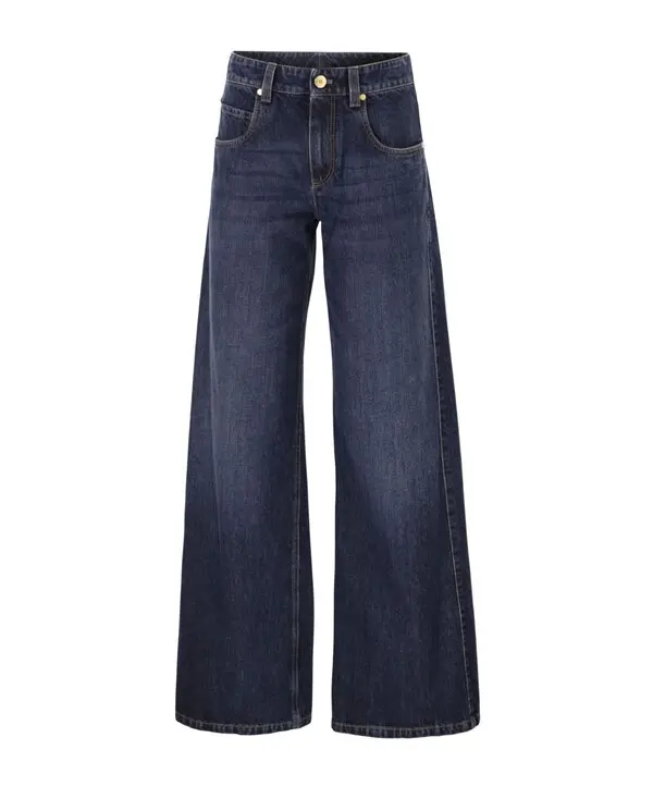 Brunello Cucinelli Wide Leg Denim Trousers With Jewellery Detail - Black