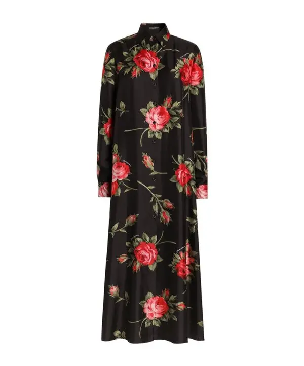 Dolce & Gabbana Rose Print Long Sleeve Dress - Black
