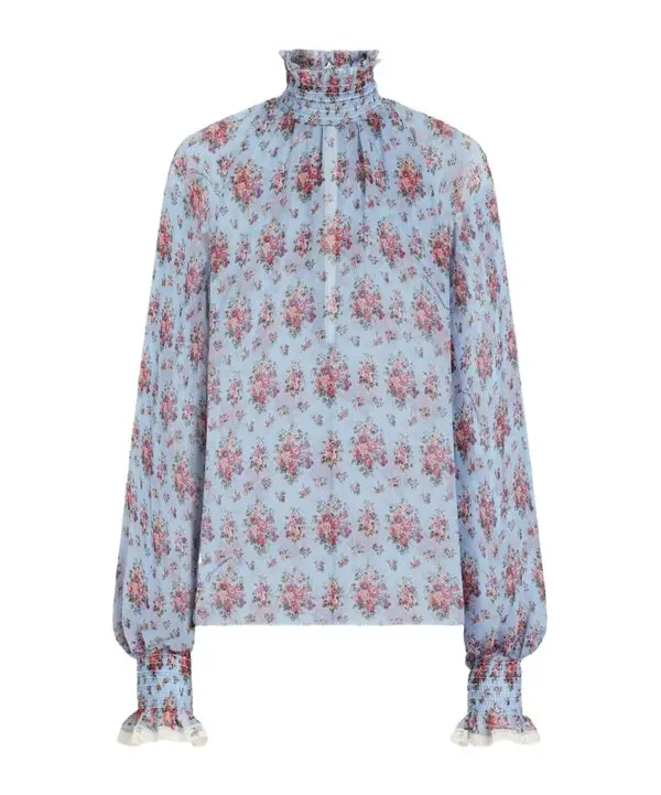 Dolce & Gabbana Floral Print Long Sleeve Blouse With Ruffled Neckline And Cuffs