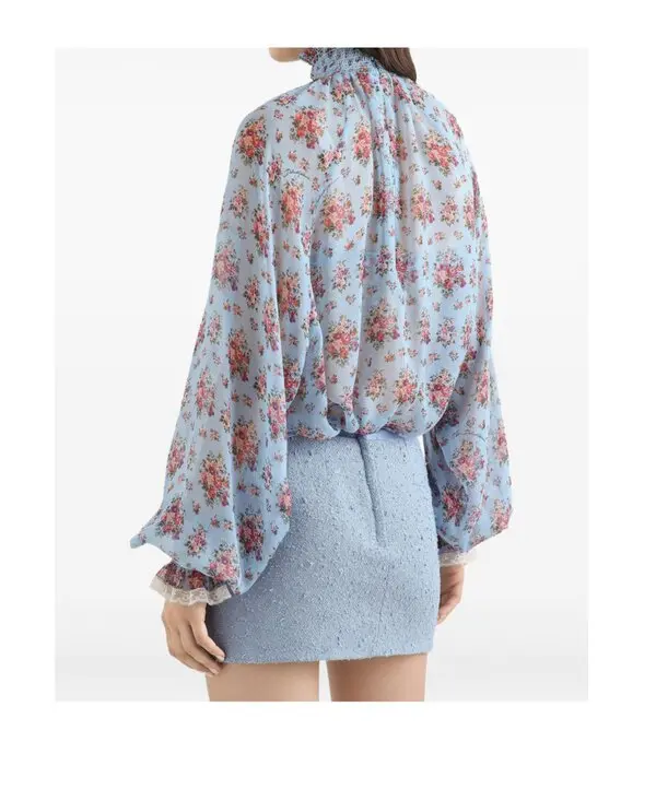 Dolce & Gabbana Floral Print Long Sleeve Blouse With Ruffled Neckline And Cuffs