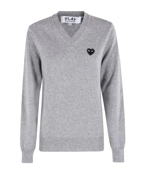 Play Comme Des Garcon V-neck Long-sleeve Sweater With Heart Logo - Gray