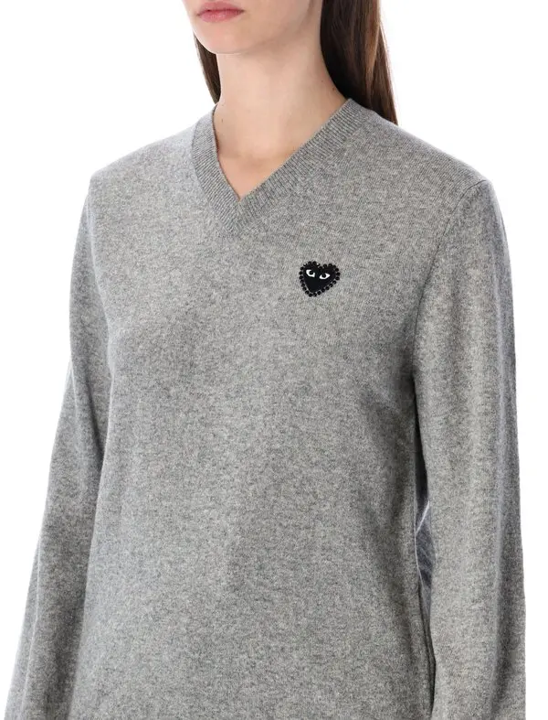 Play Comme Des Garcon V-neck Long-sleeve Sweater With Heart Logo - Gray